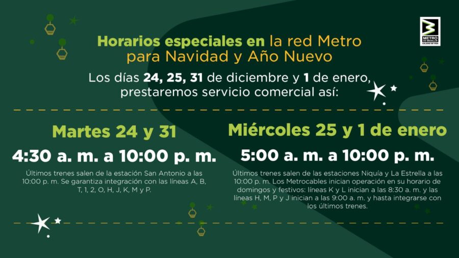 Así operará el Metro 24, 25 y 31 de diciembre - Vivir en El Poblado